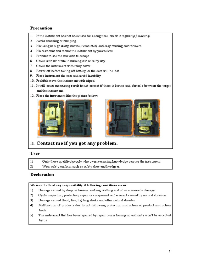 Precautions and Operating Instructions for a Survey Instrument | PDF ...