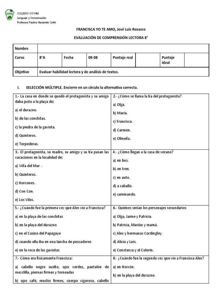 Evaluación de "Francisca, yo te amo" | PDF | Amor