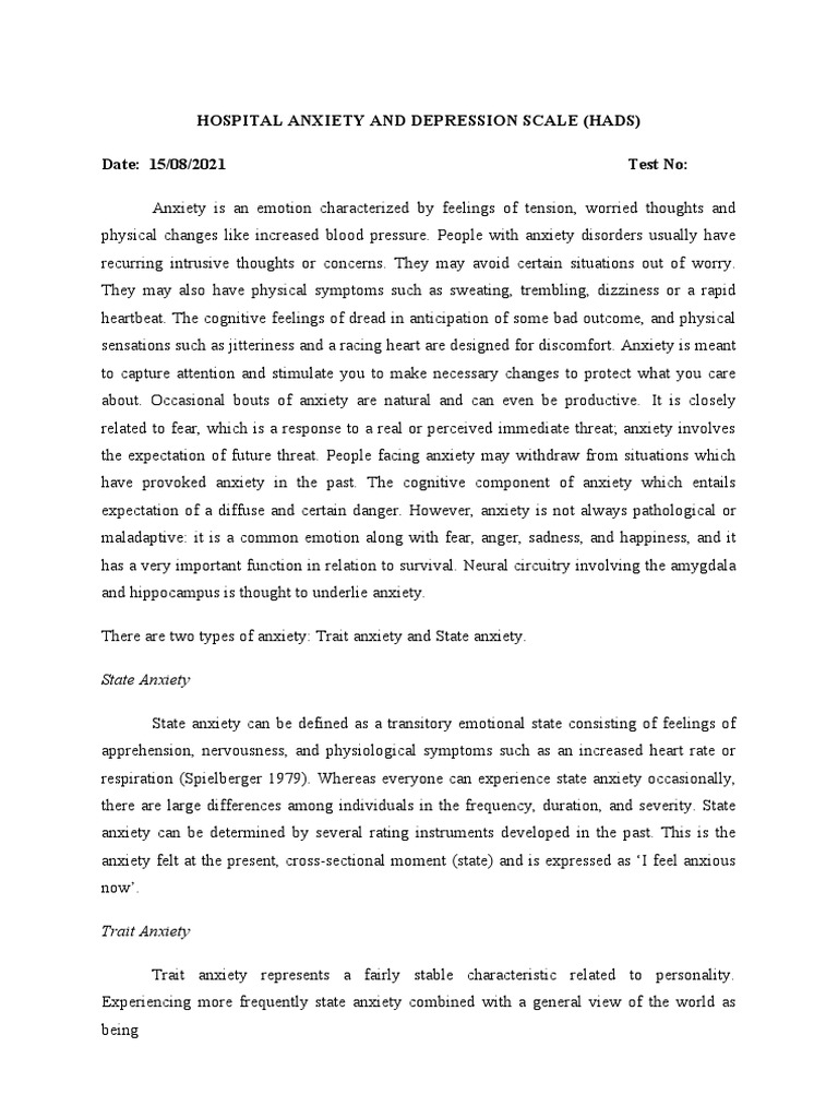 Hospital Anxiety and Depression Scale (Hads) Date: 15/08/2021 Test No ...
