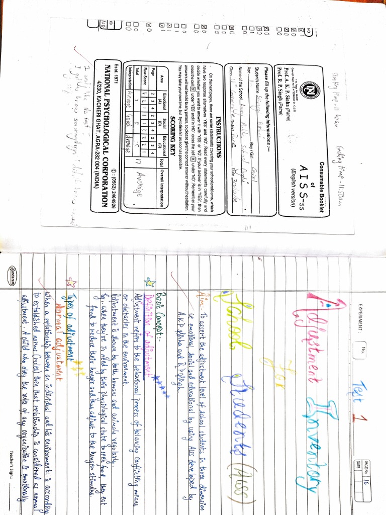 Cbse Class 12 Psychology Practical Test 1 (Aiss) | PDF