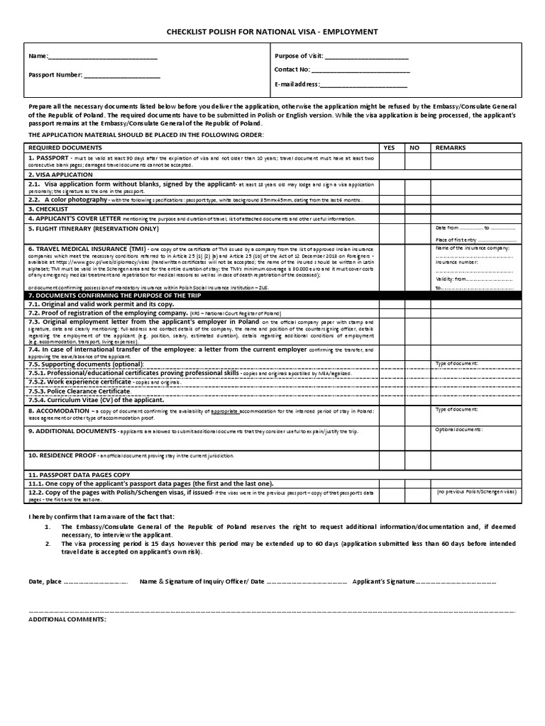 Poland National Visa Employment Checklist | PDF | Travel Visa | Passport