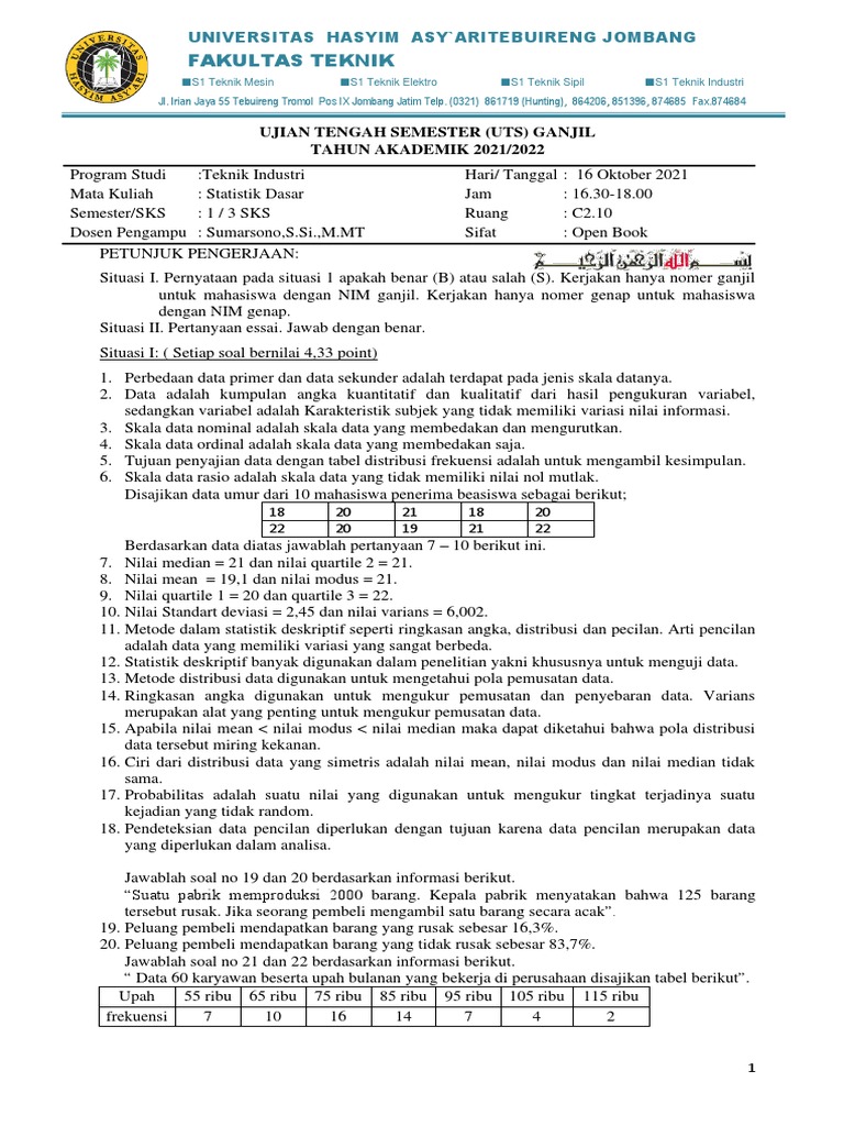 Soal UTS Ganjil Statistik Industri I (2021-2022) - Sore | PDF