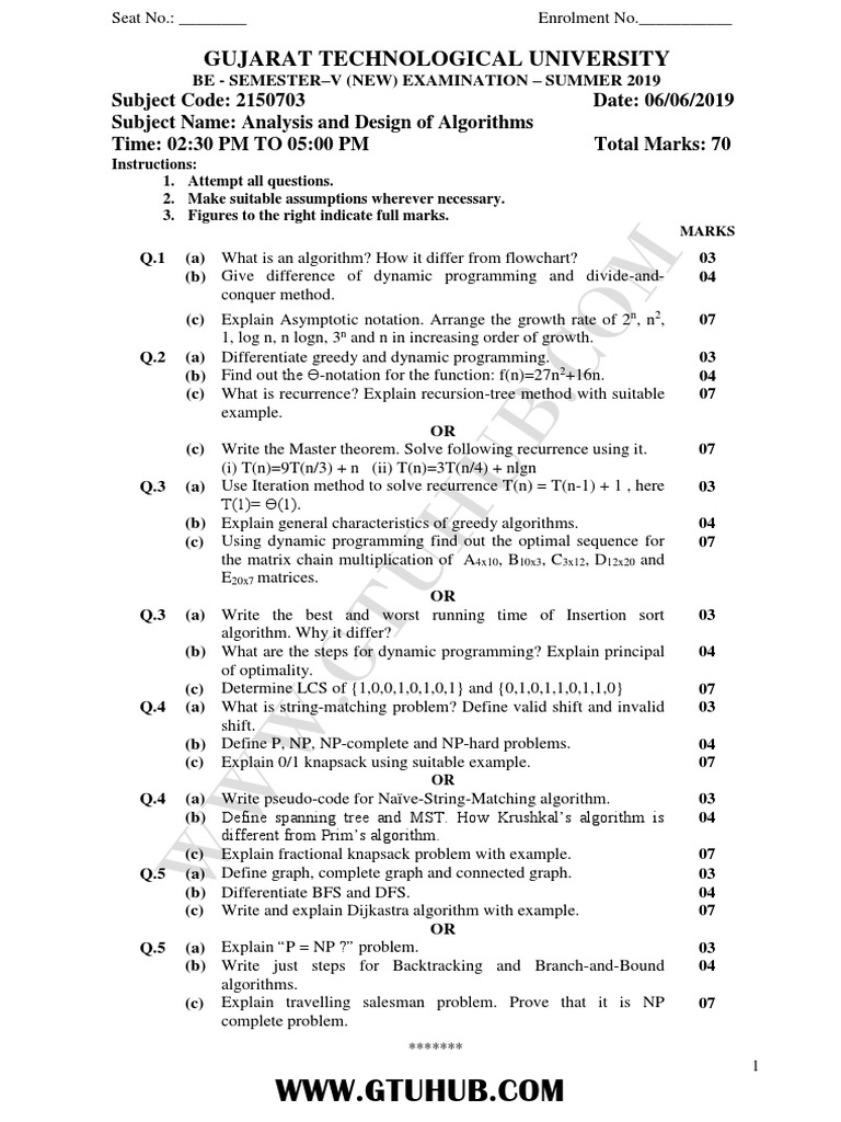 Analysis and Design of Algorithms: Exam Questions Covering Algorithm Complexity, Recurrence ...