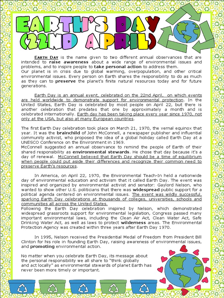 Earths Day Reading Comprehension Exercises Sentence Transform - 68984 ...