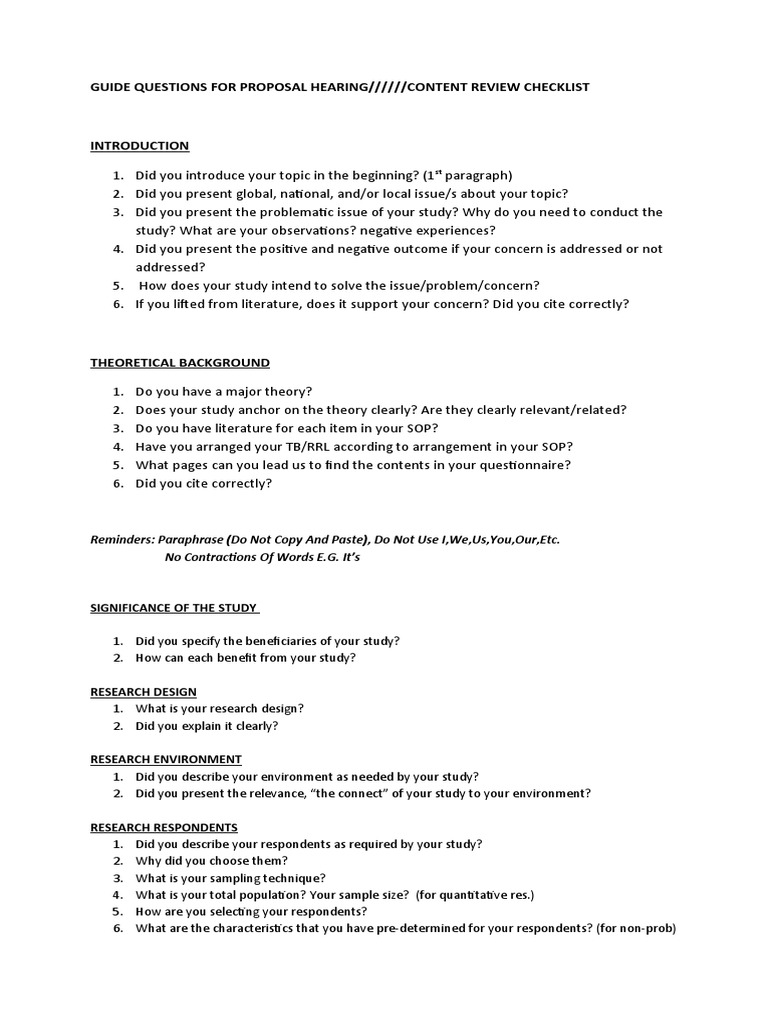 Guide Questions For Proposal Hearing//////Content Review Checklist | PDF | Methodology ...