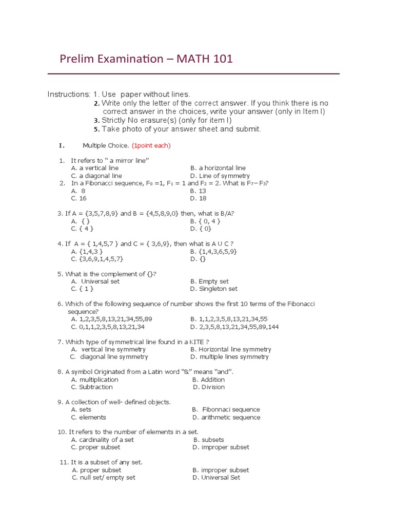 MATH 101 Preliminary Exam Guide | PDF | Set (Mathematics ...