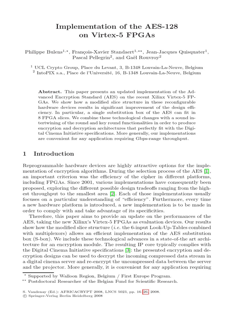 Implementation Of The Aes 128 On Virtex 5 Fpgas Pdf Field Programmable Gate Array Computer