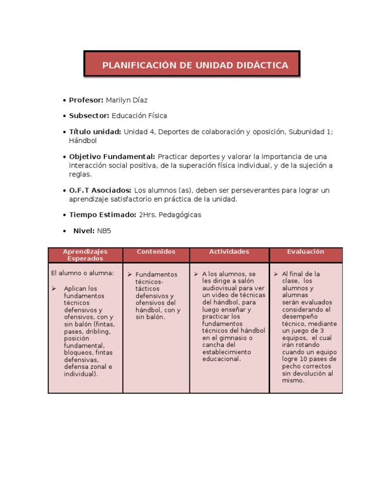 Planificación de Unidad Didáctica Hándbol | PDF