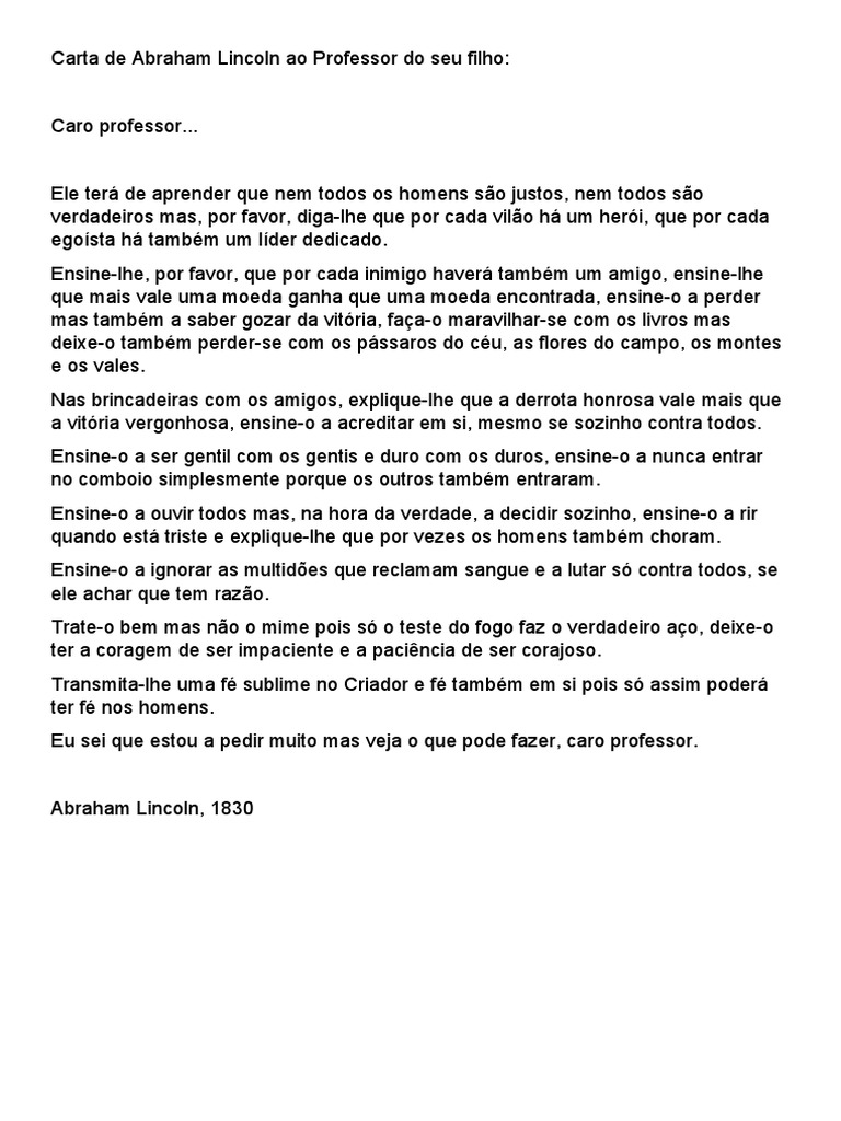 Carta de Abraham Lincoln Ao Professor Do Seu Filho | PDF