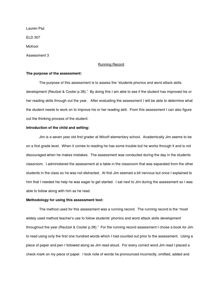 Running Record Assessment for First Grader | PDF | Phonics | Reading ...