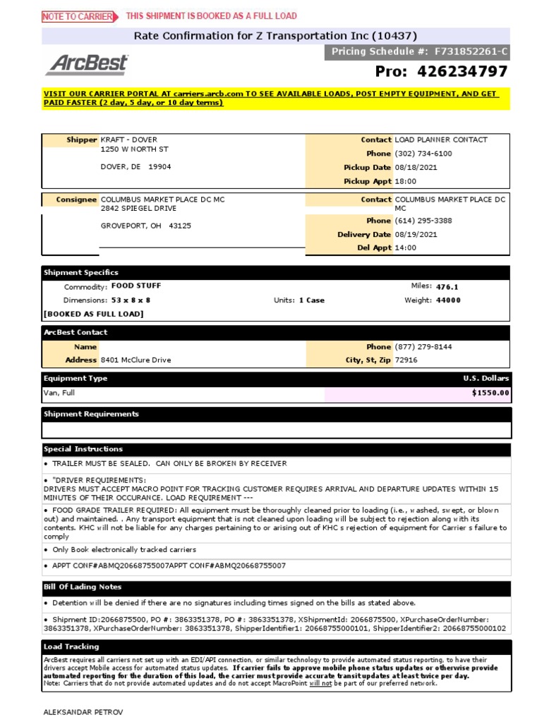 Rate Confirmation For Z Transportation Inc (10437) : Pricing Schedule ...