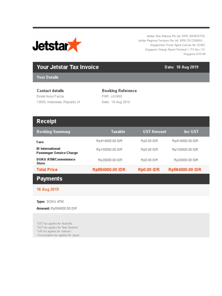 Your Jetstar Tax Invoice: Date: 18 Aug 2019 Your Details | PDF