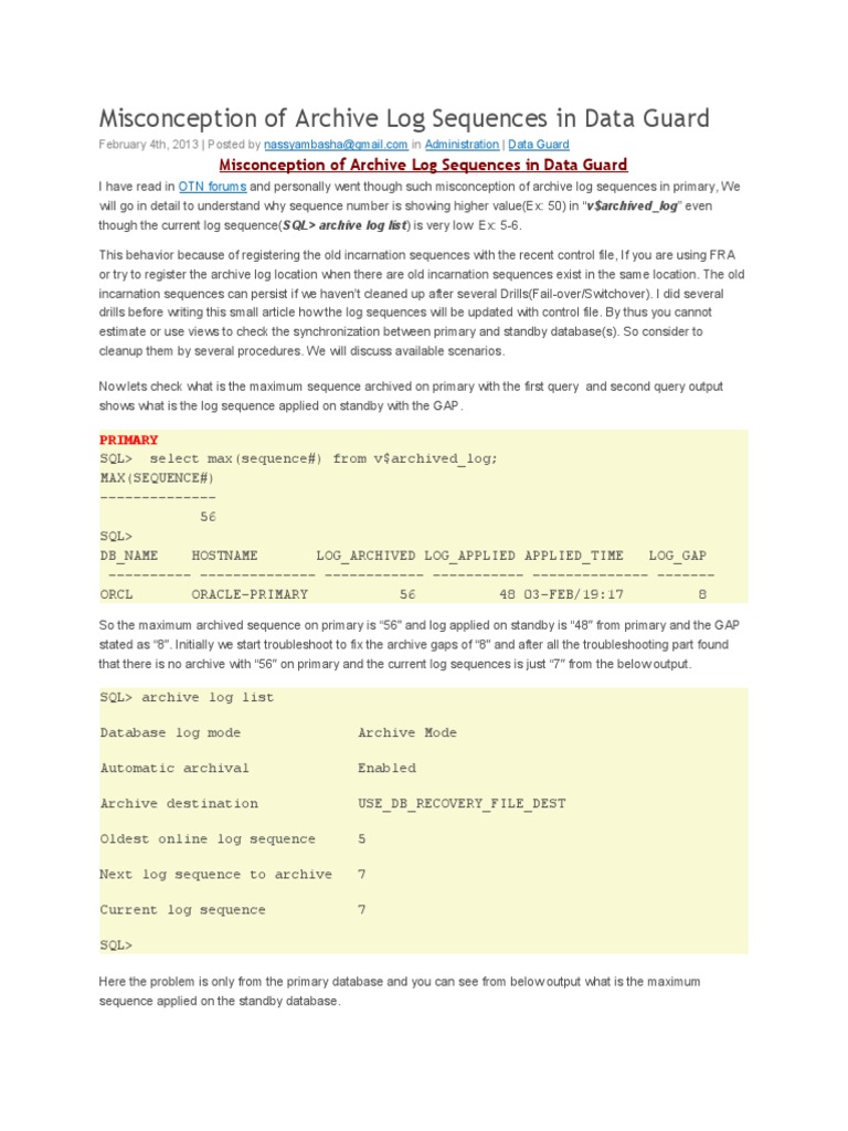Misconception of Archive Log Sequences in Data Guard | PDF | Databases | Information Retrieval