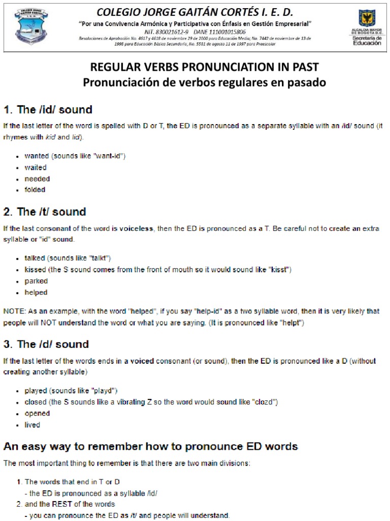 Reglas Pronunciacion Verbos Regulares en Pasado | PDF