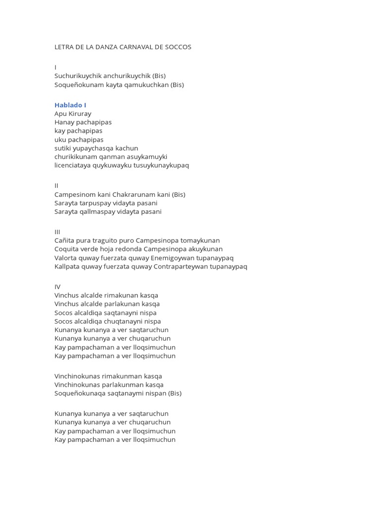 Letra de La Danza Carnaval de Soccos | PDF
