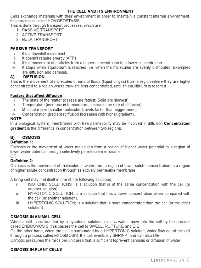 The Cell and Its Environment: Biology, Ss 1 | PDF | Osmosis | Physical ...