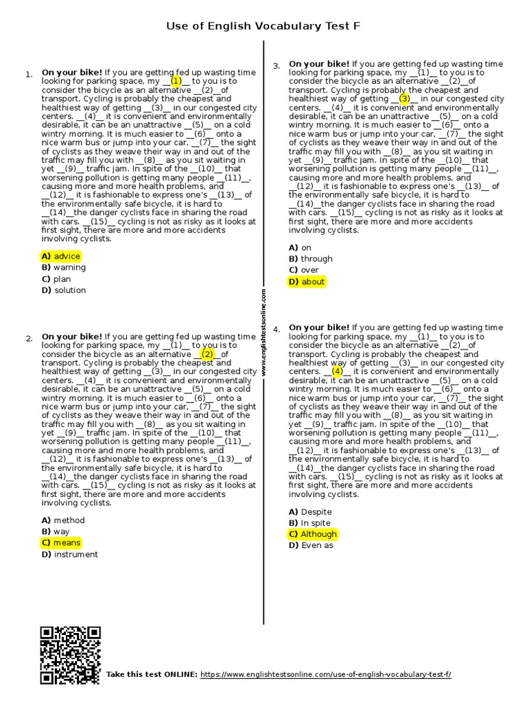 182 Use of English Vocabulary Test F | PDF | Traffic Congestion | Car