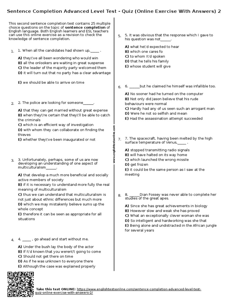 Advanced Sentence Completion Test | PDF | Teachers | Leaf