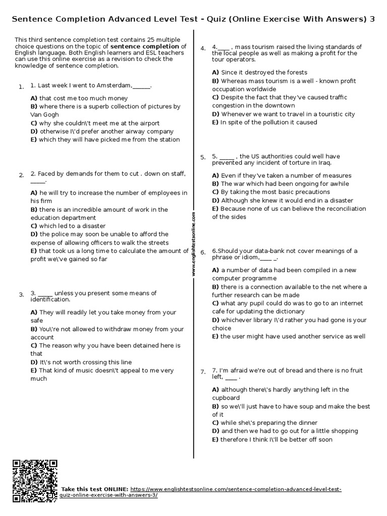 371 - Sentence Completion Advanced Level Test Quiz Online Exercise With ...