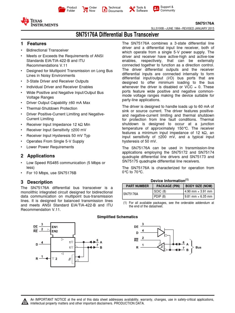 SN75176A Differential Bus Transceiver: 1 Features | PDF | Computers