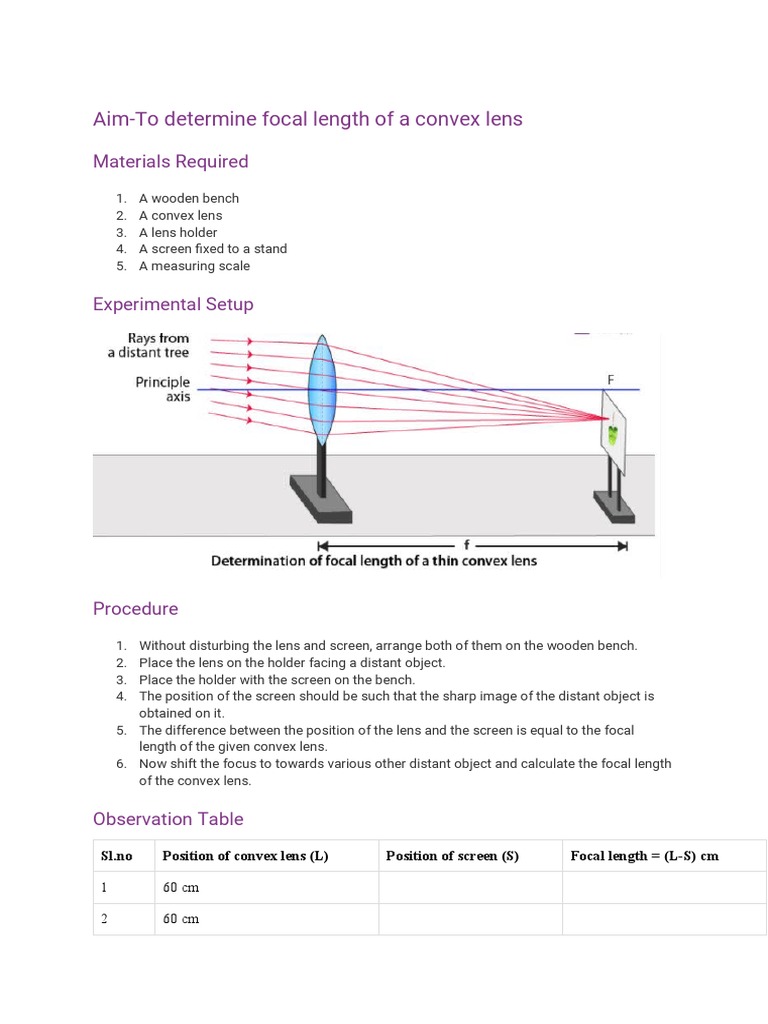 Aim-To Determine Focal Length of A Convex Lens: Materials Required ...