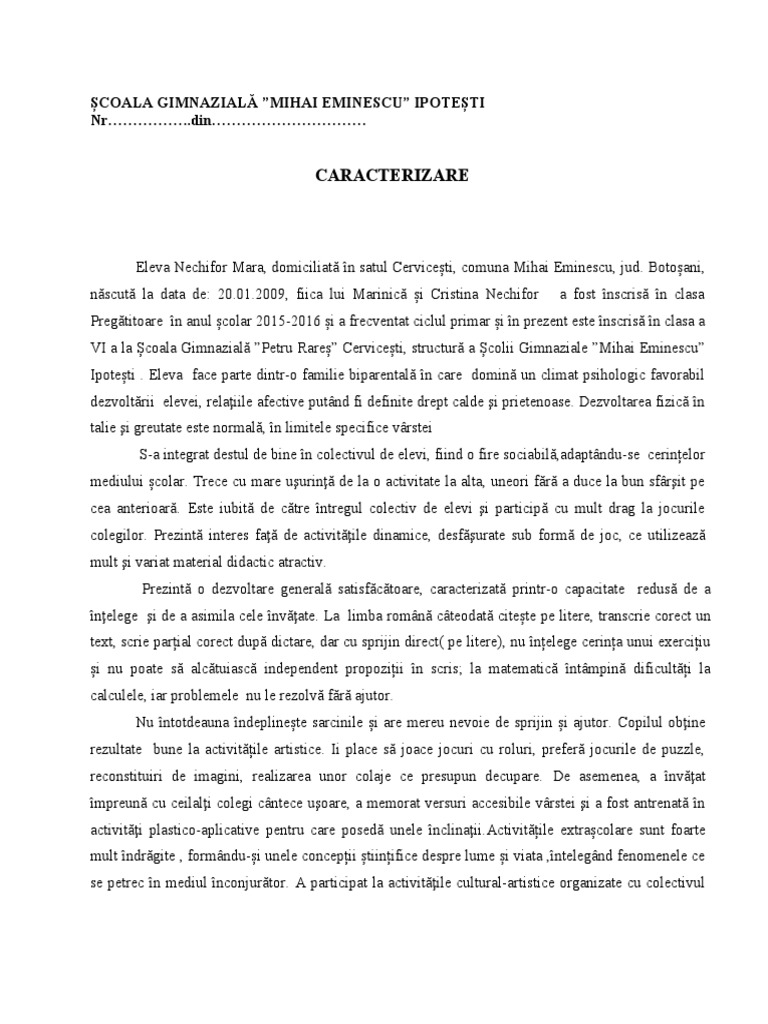 Caracterizare Elev Cu Ces | PDF