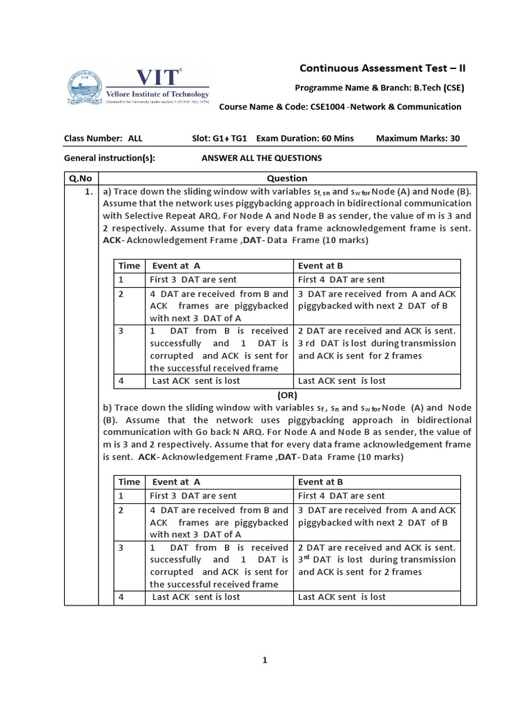 Continuous Assessment Test - II: ACK-Acknowledgement Frame, DAT - Data ...