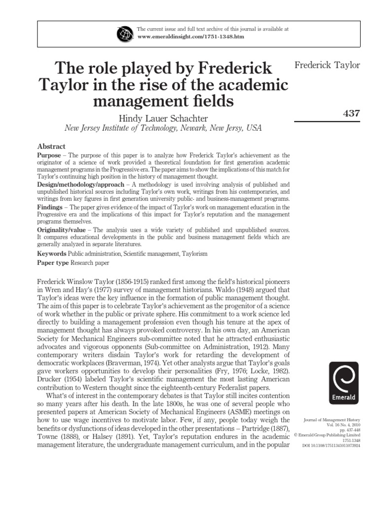 The Role Played by Frederick Taylor in The Rise of | PDF | Science ...