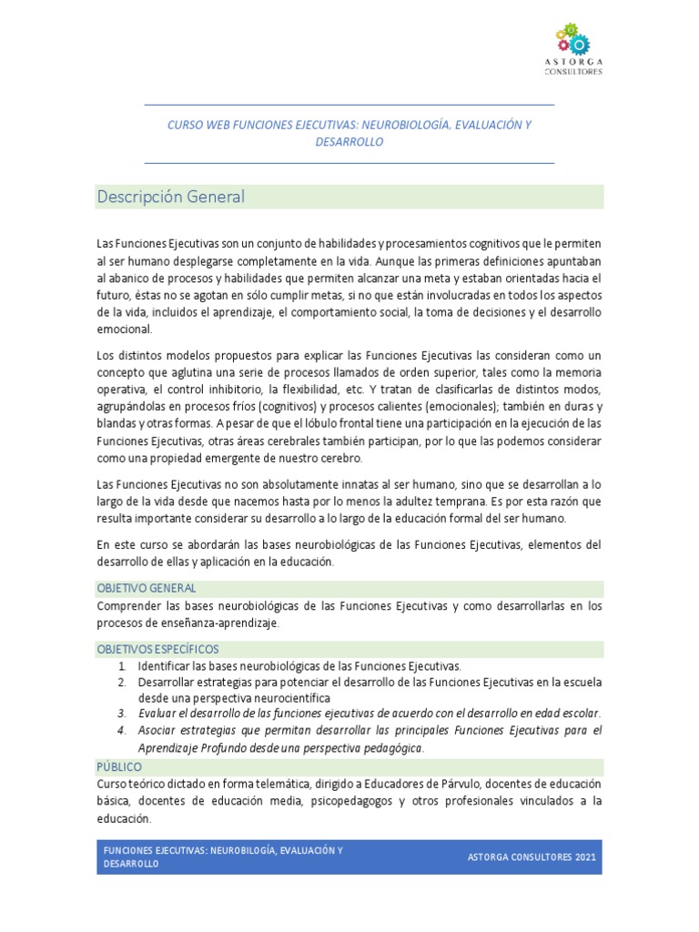 Curso sobre Funciones Ejecutivas y Educación | PDF | Funciones ...