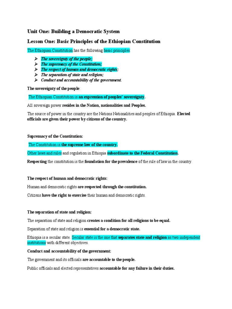 Unit One: Building A Democratic System Lesson One: Basic Principles of ...