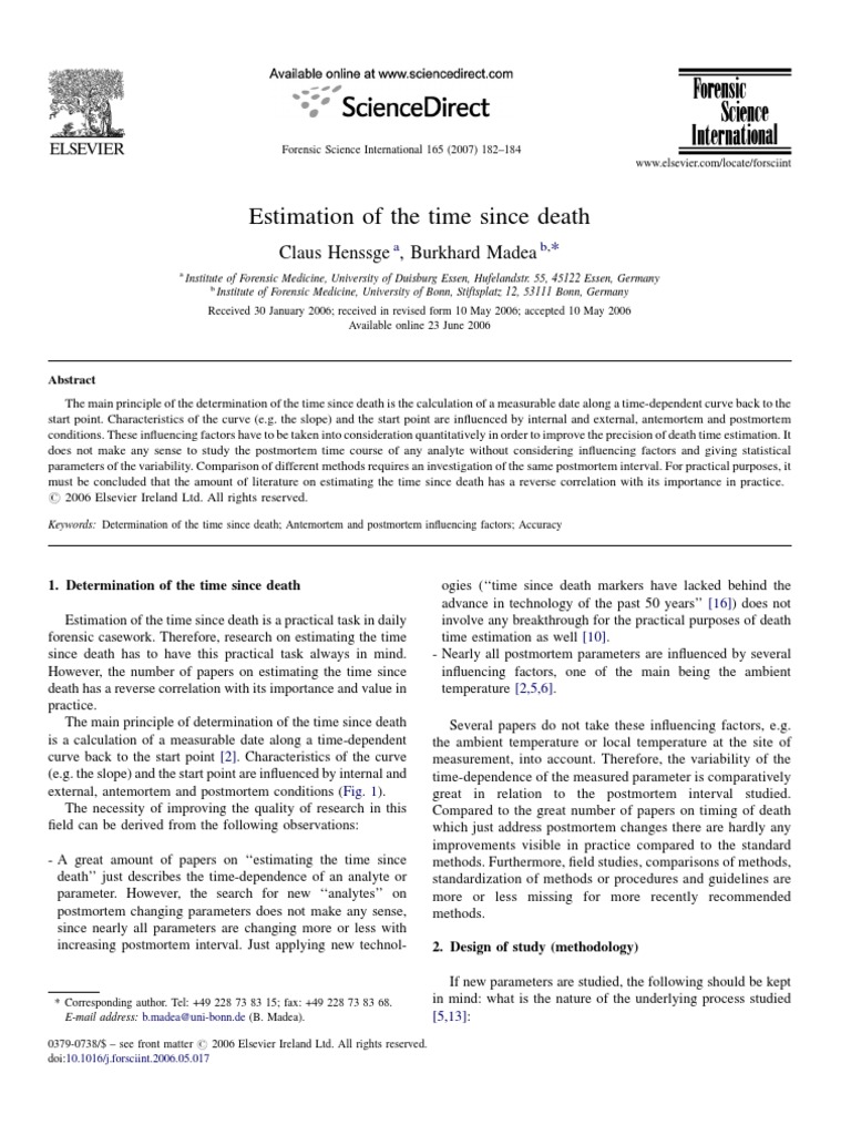 Estimation of Time Since Death, Henssge & Burkhard | PDF | Correlation And Dependence | Time