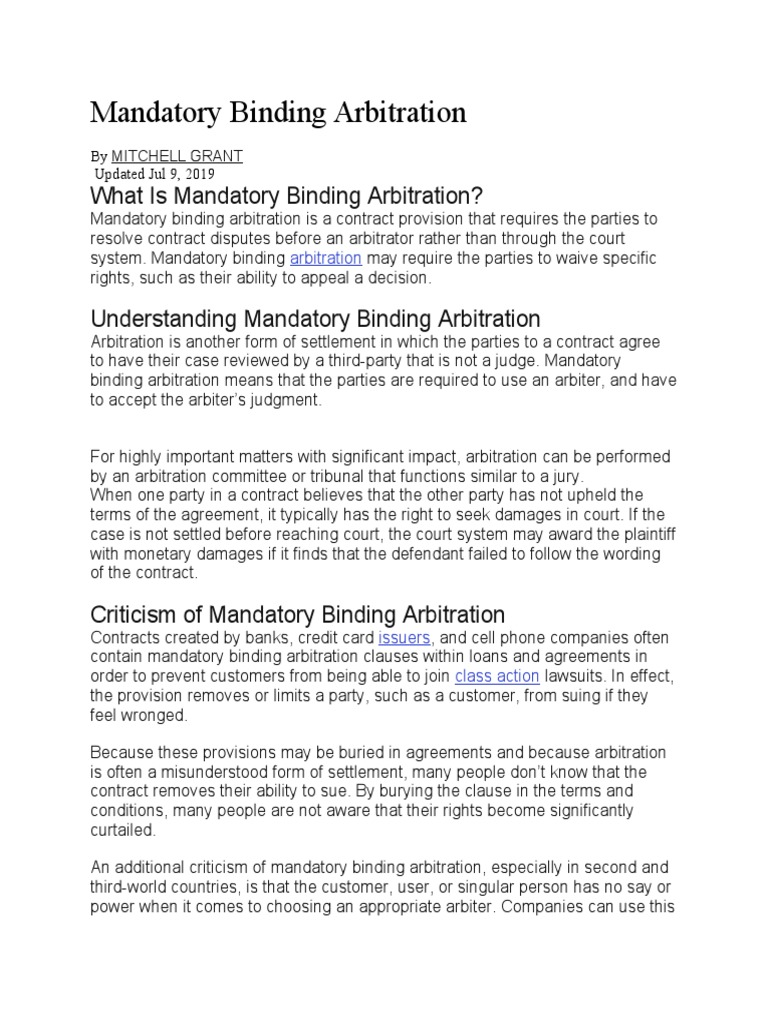 Mandatory Binding Arbitration | PDF | Arbitration | Lawsuit