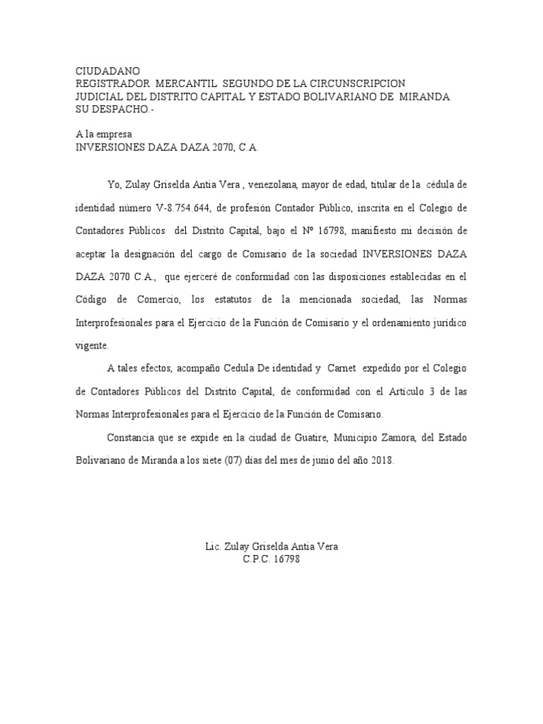 Carta Aceptacion Comisario | PDF | Contador | Venezuela
