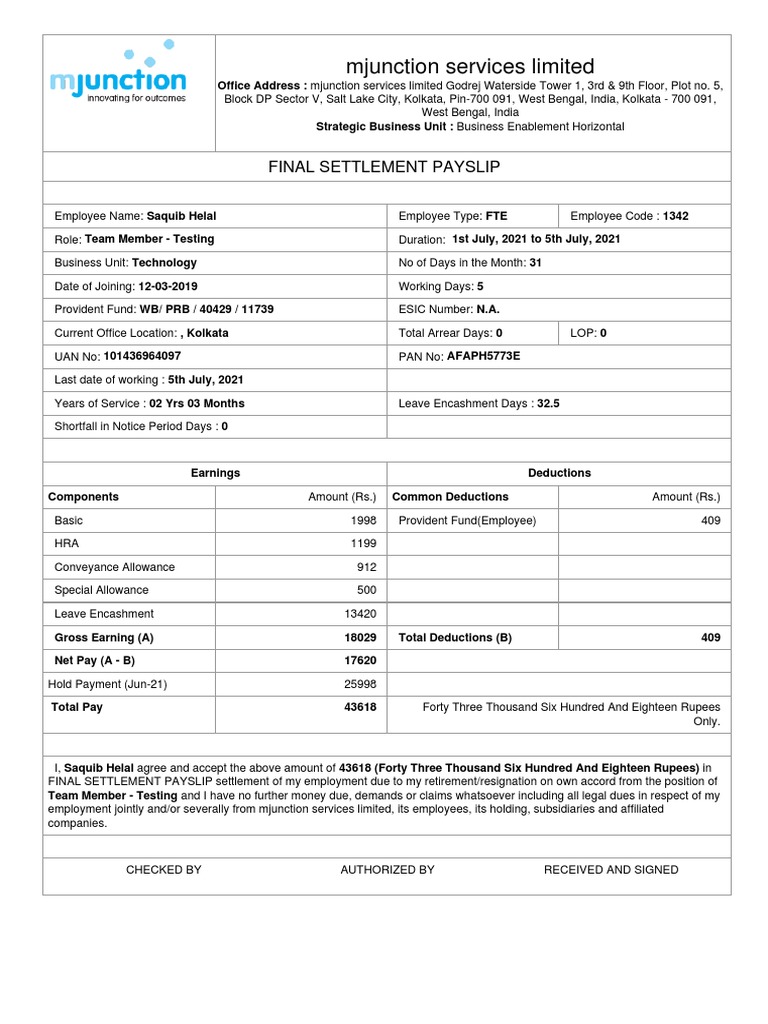 Mjunction Services Limited: Final Settlement Payslip | PDF | Payments ...