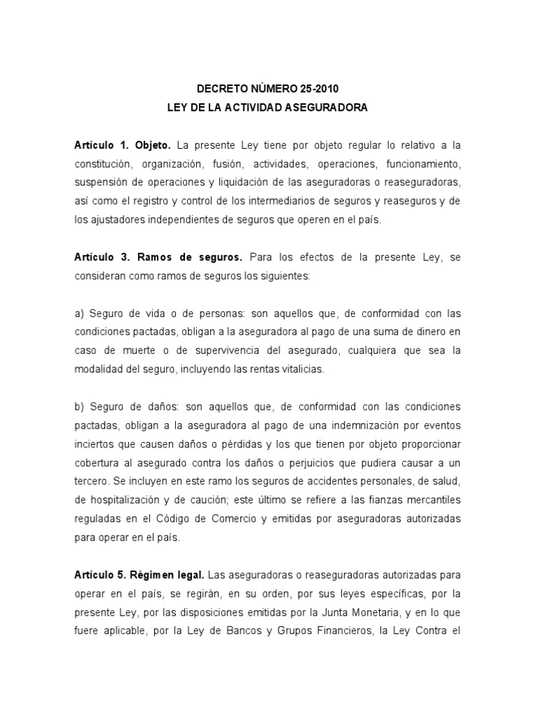 Decreto 25-2010 - Resumen - Final | PDF | Reaseguro | Seguro
