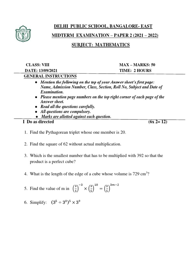 Delhi Public School, Bangalore-East Midterm Examination - Paper 2 (2021 ...