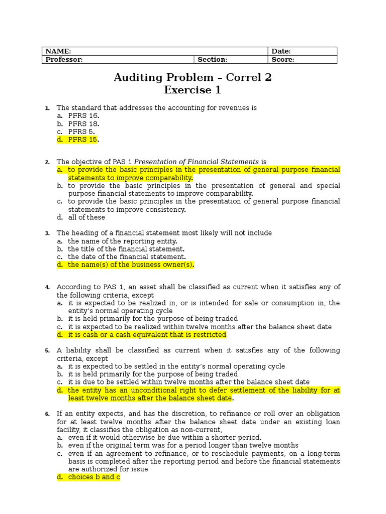 Auditing Problem - Correl 2 Exercise 1: Name: Date: Professor: Section: Score | PDF | Going ...