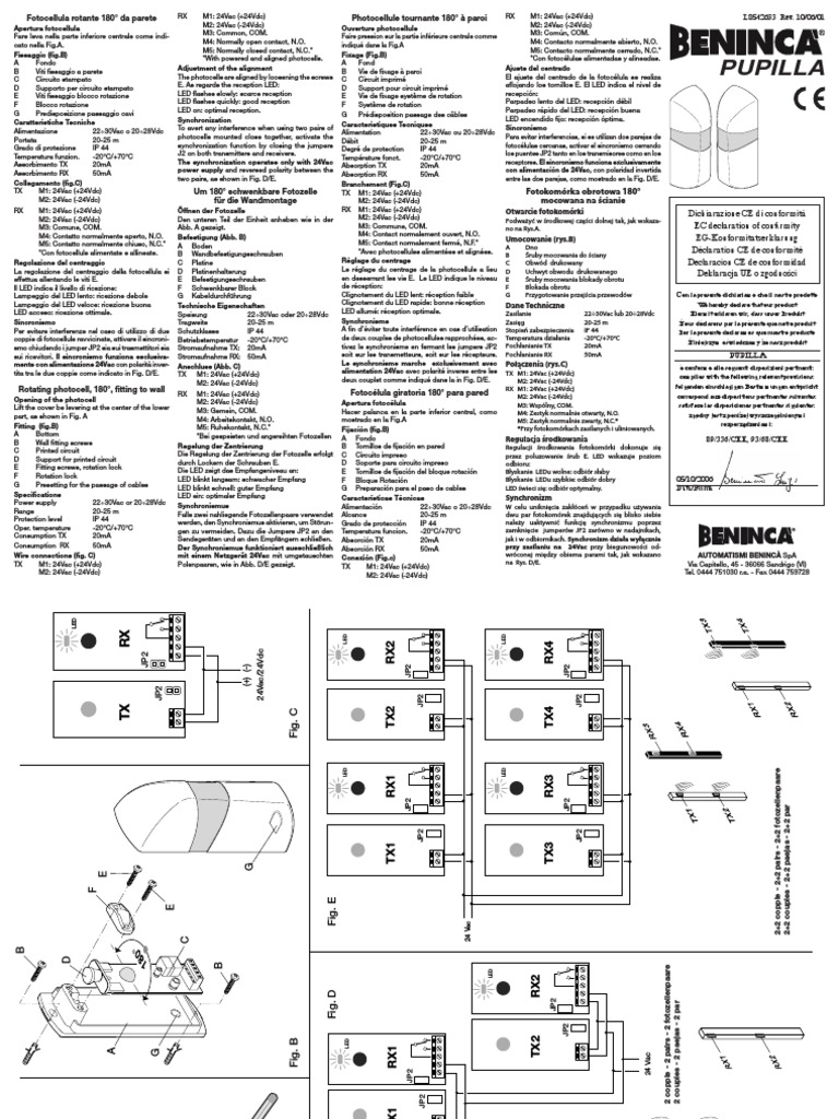 Manual de Instalare Set Fotocelule Beninca PUPILLA | PDF