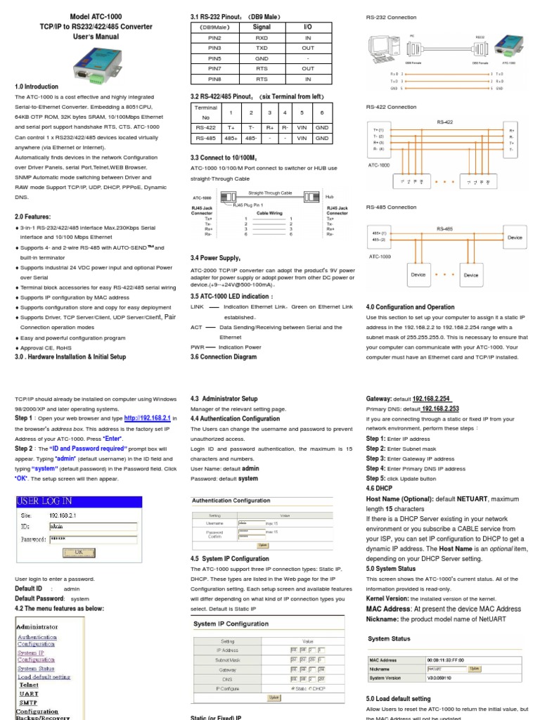 Model ATC-1000 TCP/IP To RS232/422/485 Converter User 'S Manual | PDF | Ip Address | Port ...