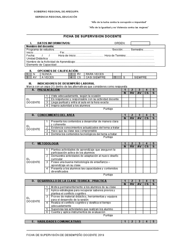 Ficha de Supervisión Docente 2019 | PDF | Evaluación | Modificación de ...
