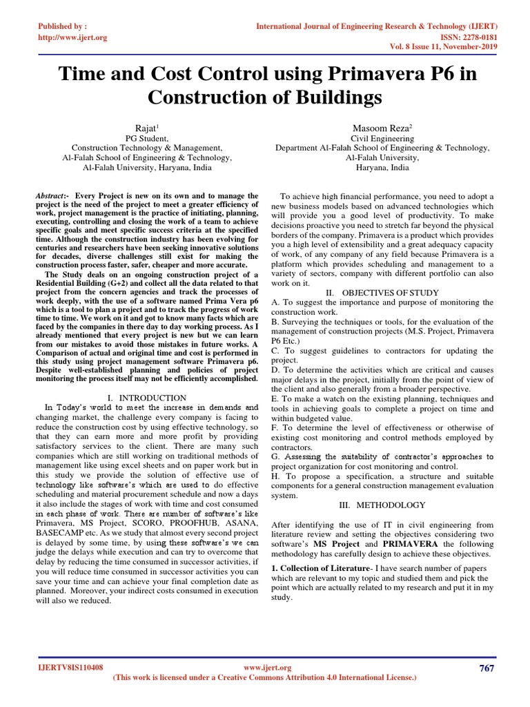 Construction of Buildings: Time and Cost Control Using Primavera P6 in ...