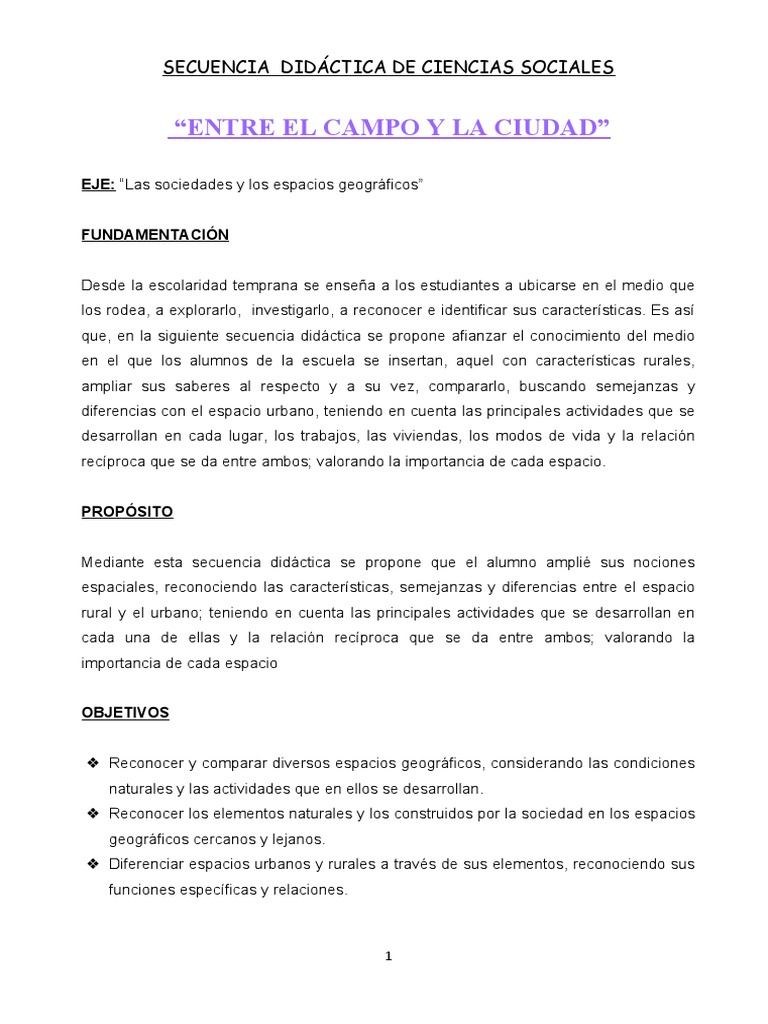 "Entre El Campo Y La Ciudad": Secuencia Didáctica de Ciencias Sociales ...