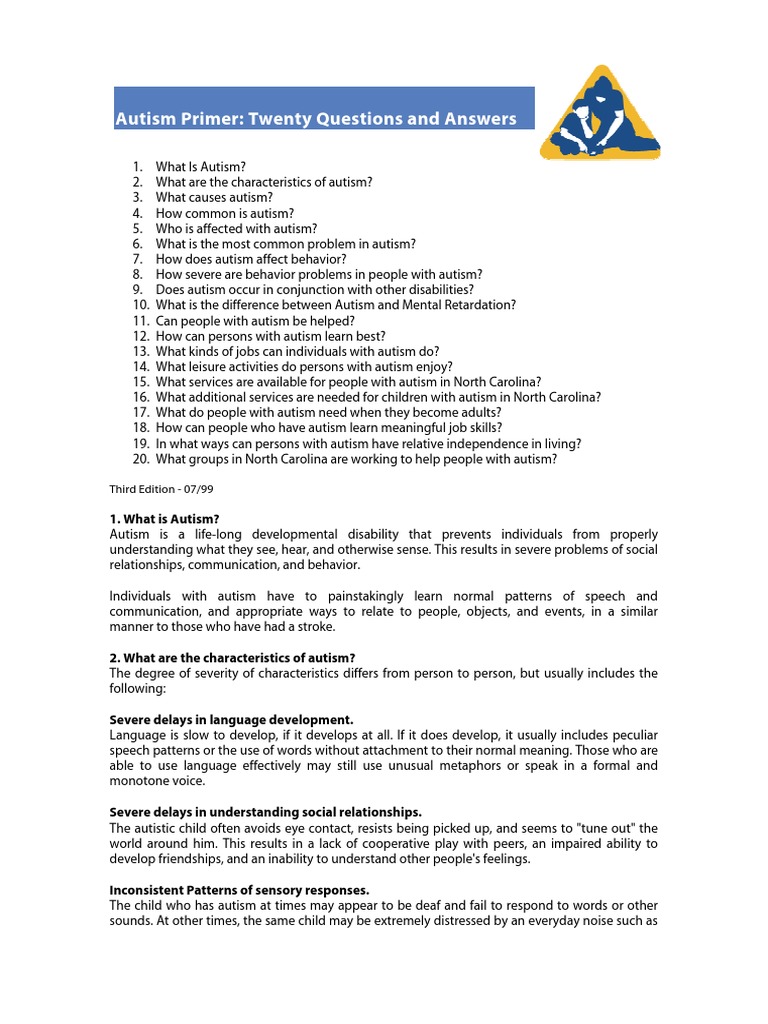 Autism Primer: Twenty Questions and Answers | PDF | Autism ...