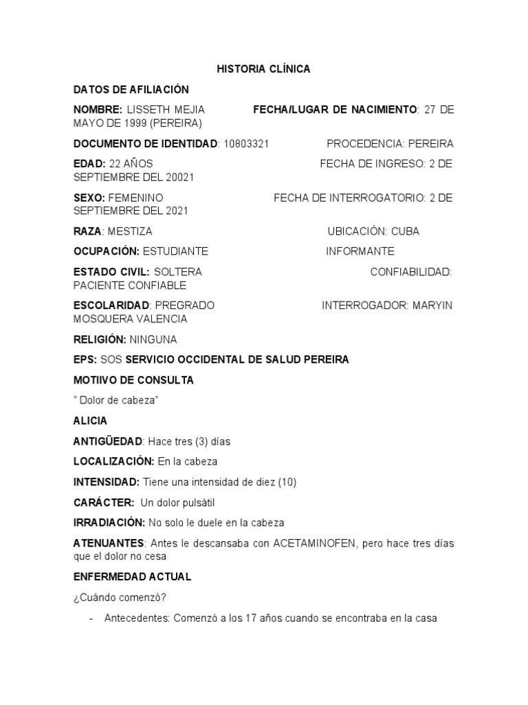 Historia Clínica de Liseth Mejía | PDF | Dolor de cabeza | Historial médico