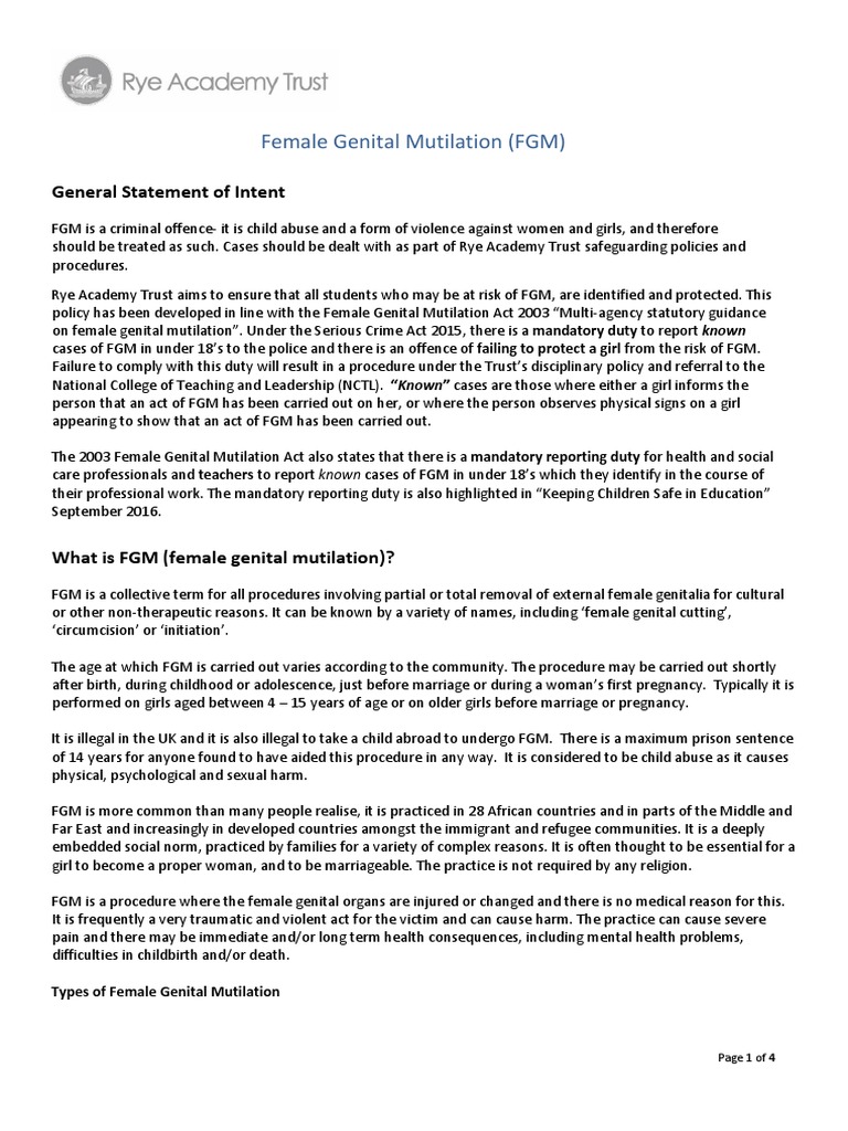 Female Genital Mutilation (FGM) : General Statement of Intent | PDF ...