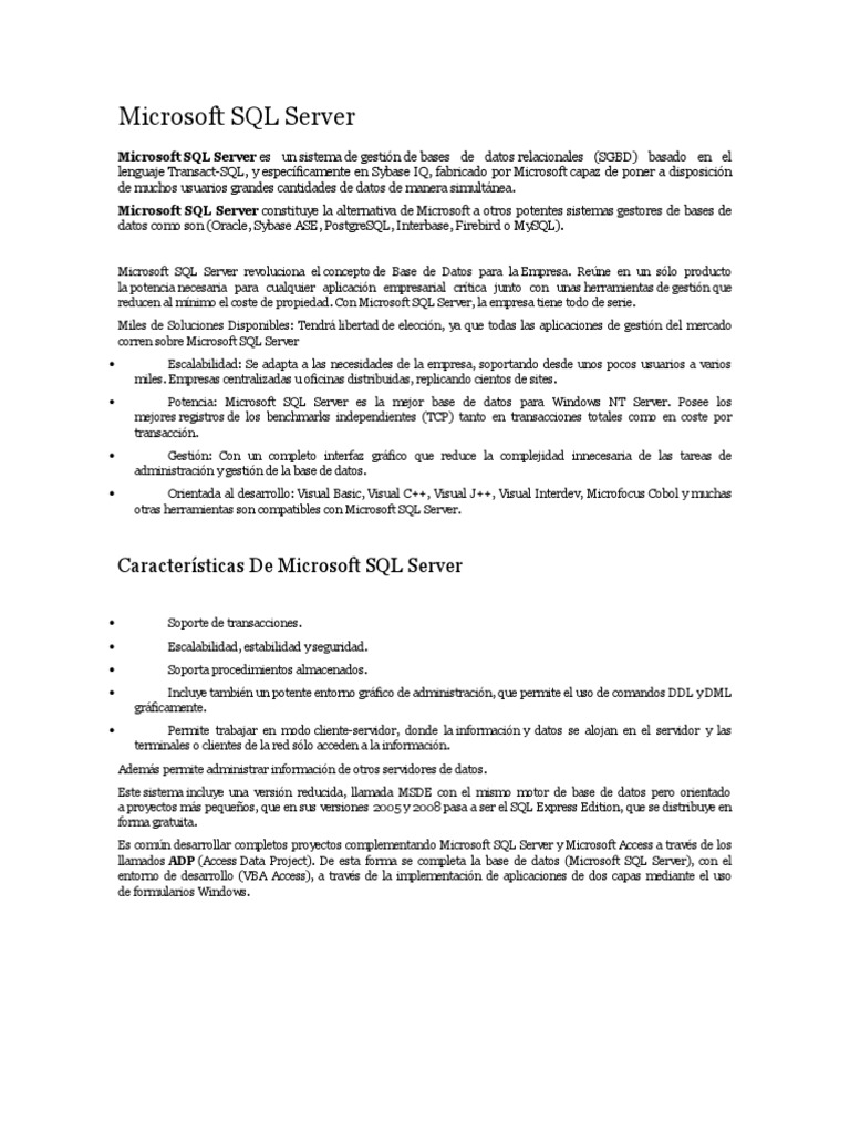 Microsoft Sql Server Pdf Servidor Sql De Microsoft Bases De Datos