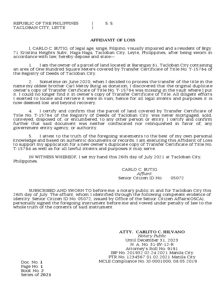 Affidavit of Loss Sample | PDF | Affidavit | Notary Public