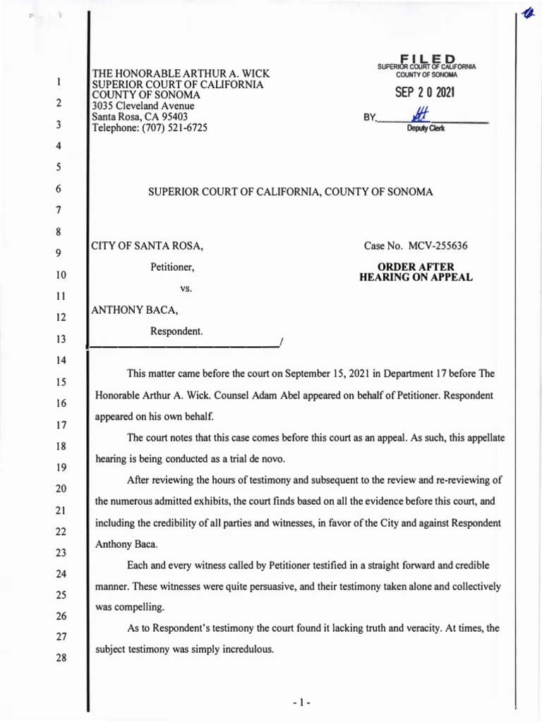 Judge Wick Order, City of Santa Rosa vs. Baca | PDF | Witness ...