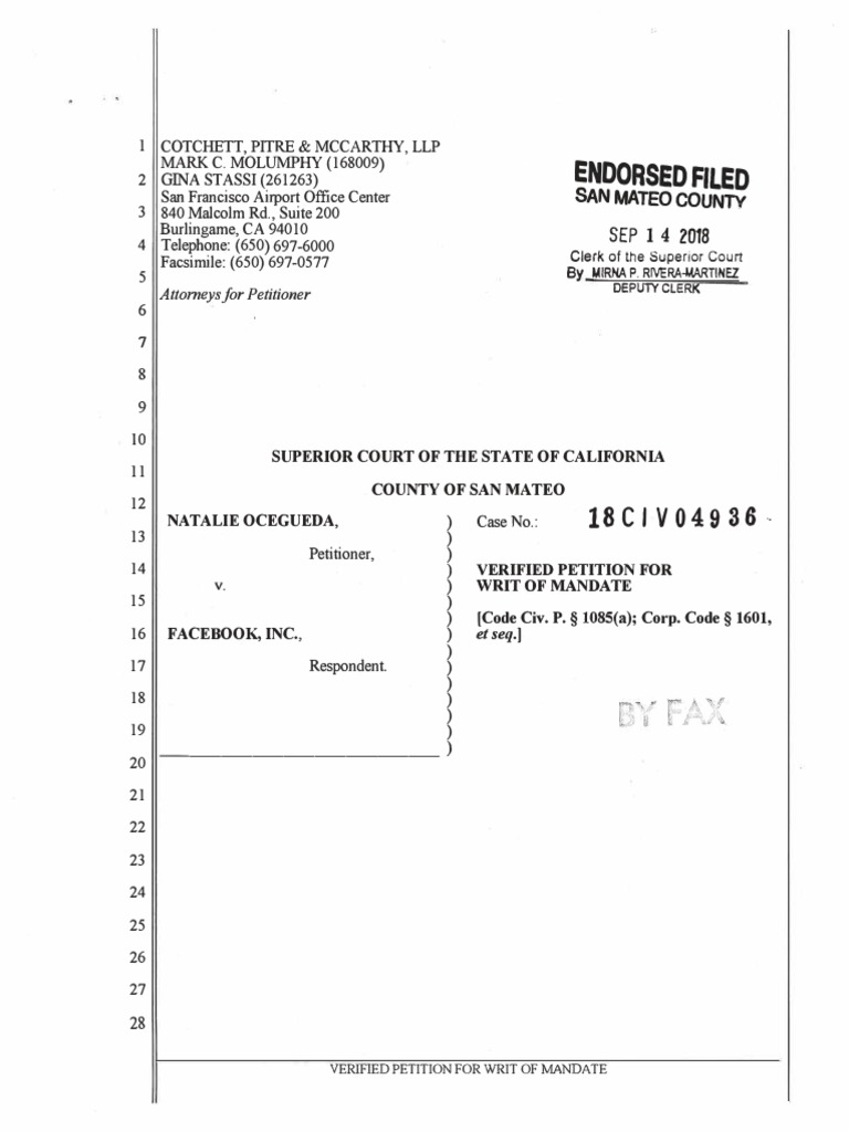 Petition For Writ of Mandate - Ocegueda v. Facebook, Inc. | PDF ...