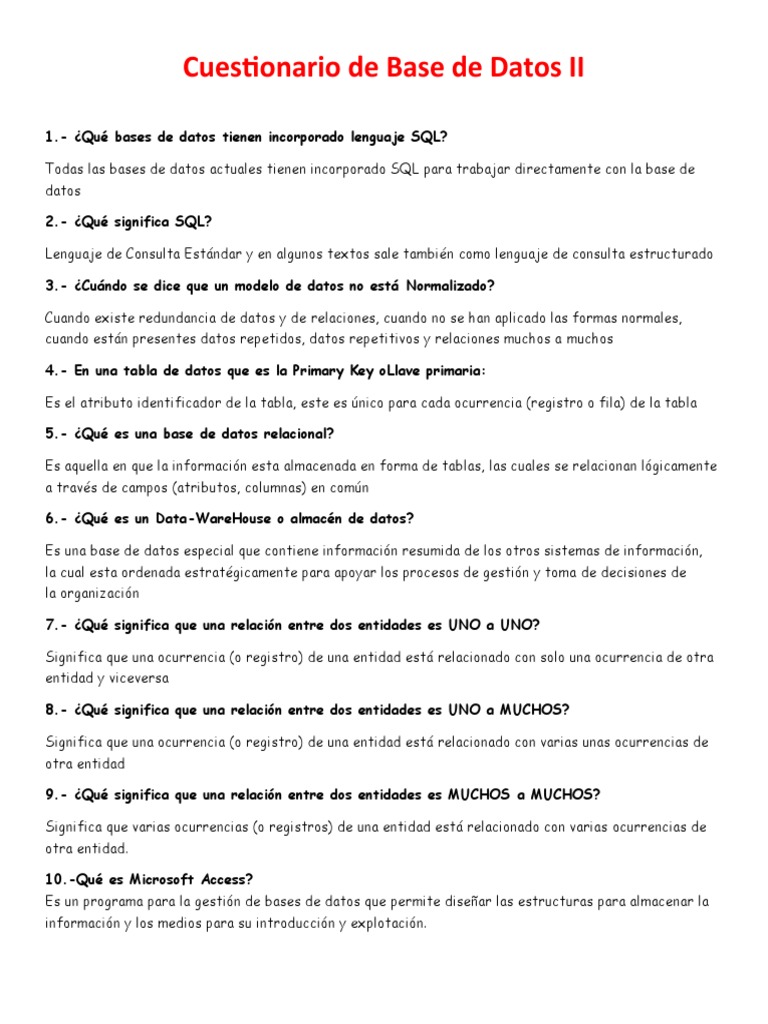 Cuestionario de Base de Datos II - JJLJ | PDF